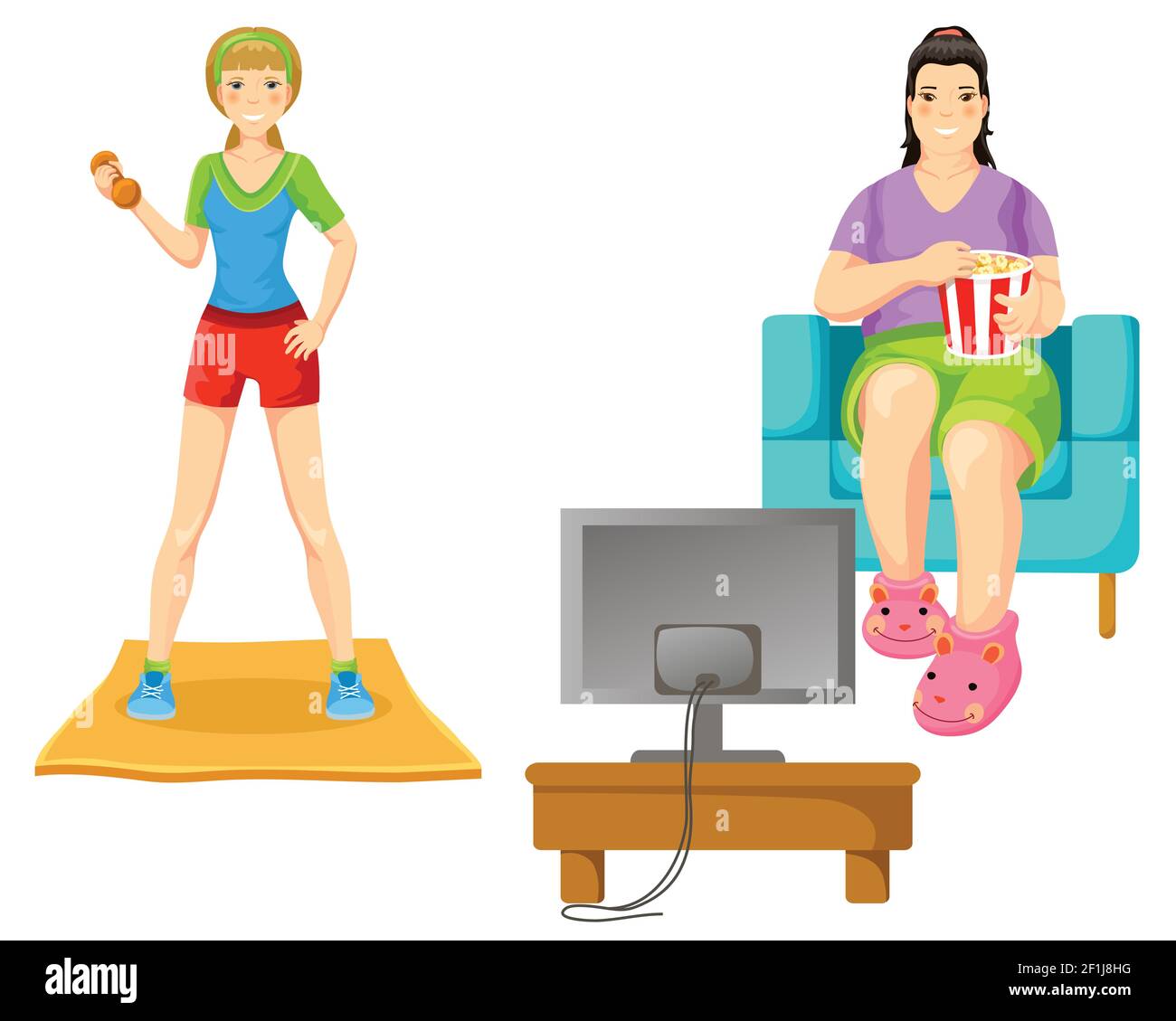 Weight loss concept with athletic slim girl doing exercises and fat ...