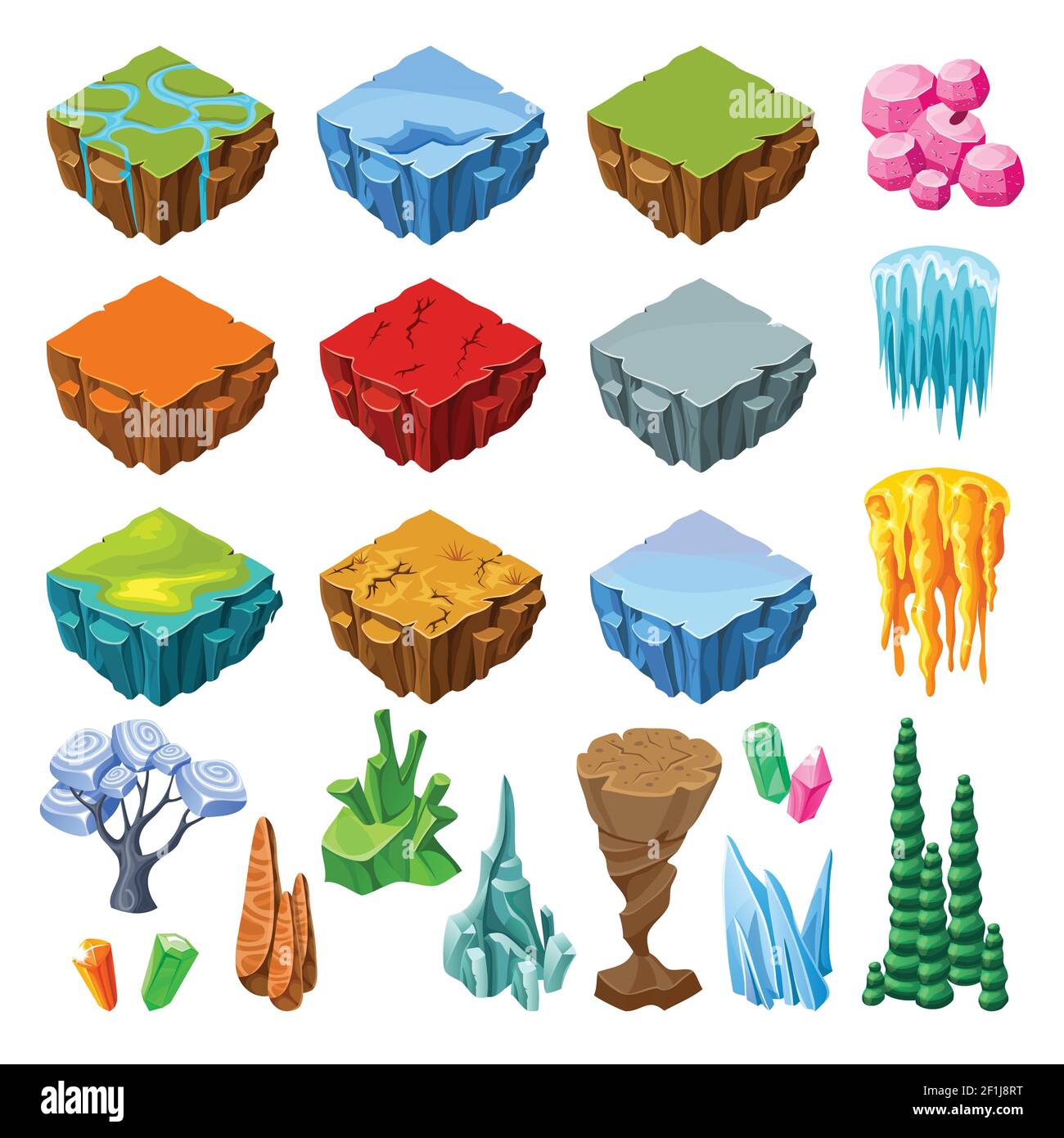Isometric bright game landscape icons collection with different island ...