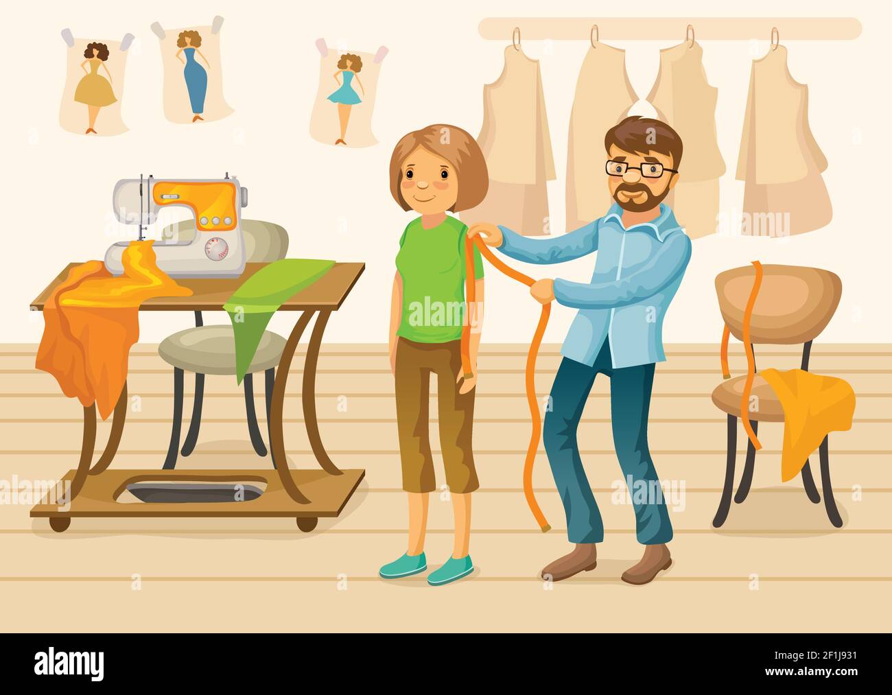 Colorful tailor shop template with master taking measurement from woman ...