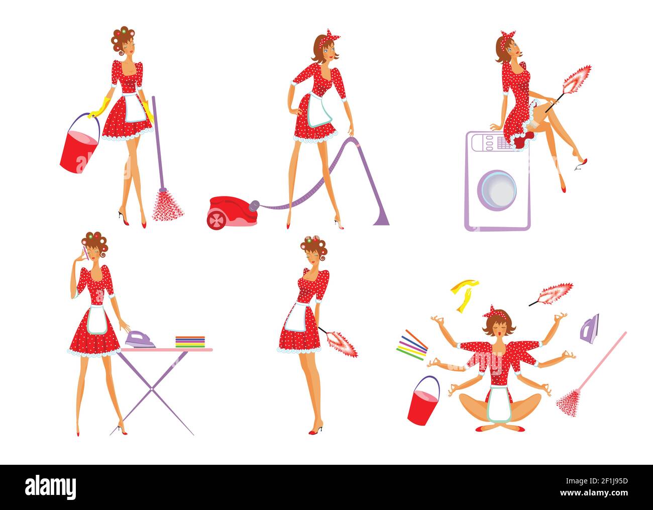 Colorful home cleaning set with beautiful housewife doing different ...