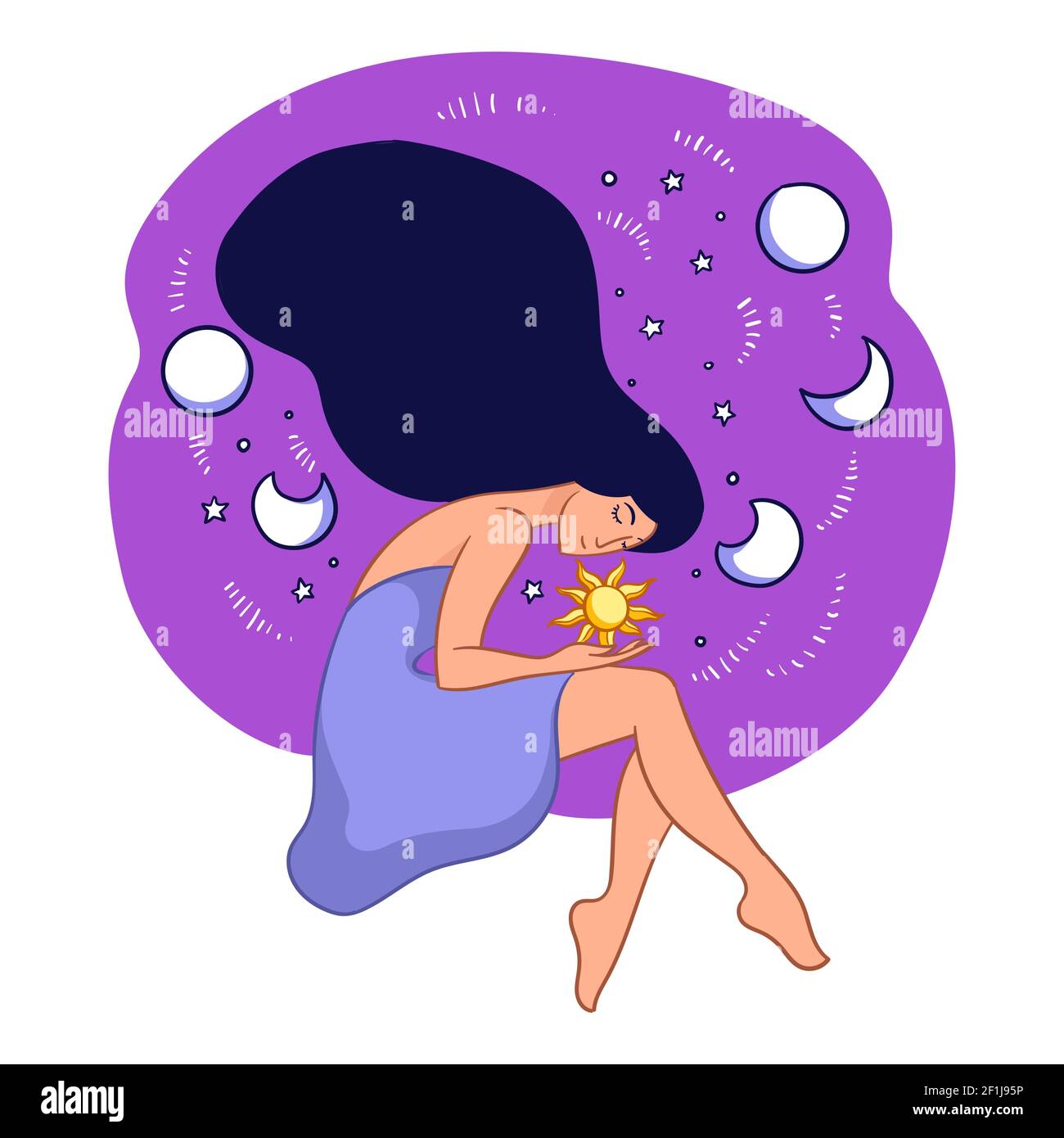 Female character holding sun surrounded by moon Stock Vector Image ...