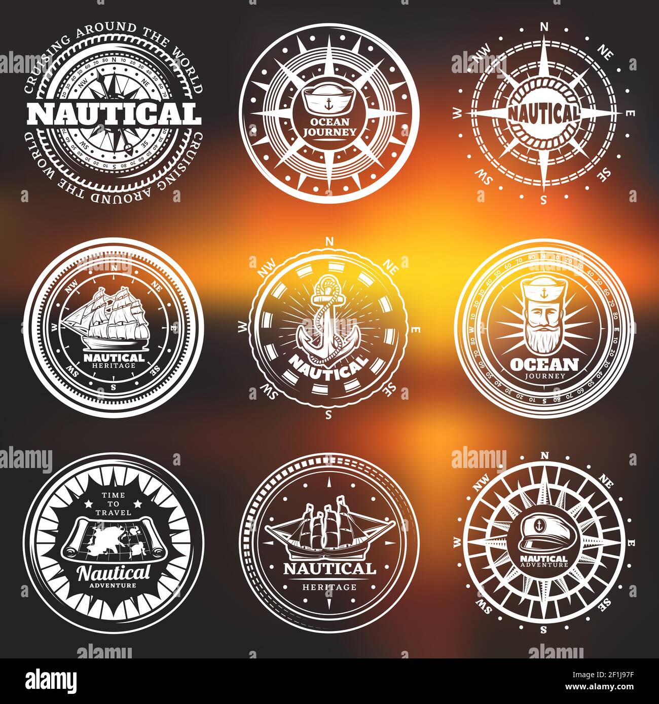 Vintage white nautical round labels with sailing and marine elements on ...