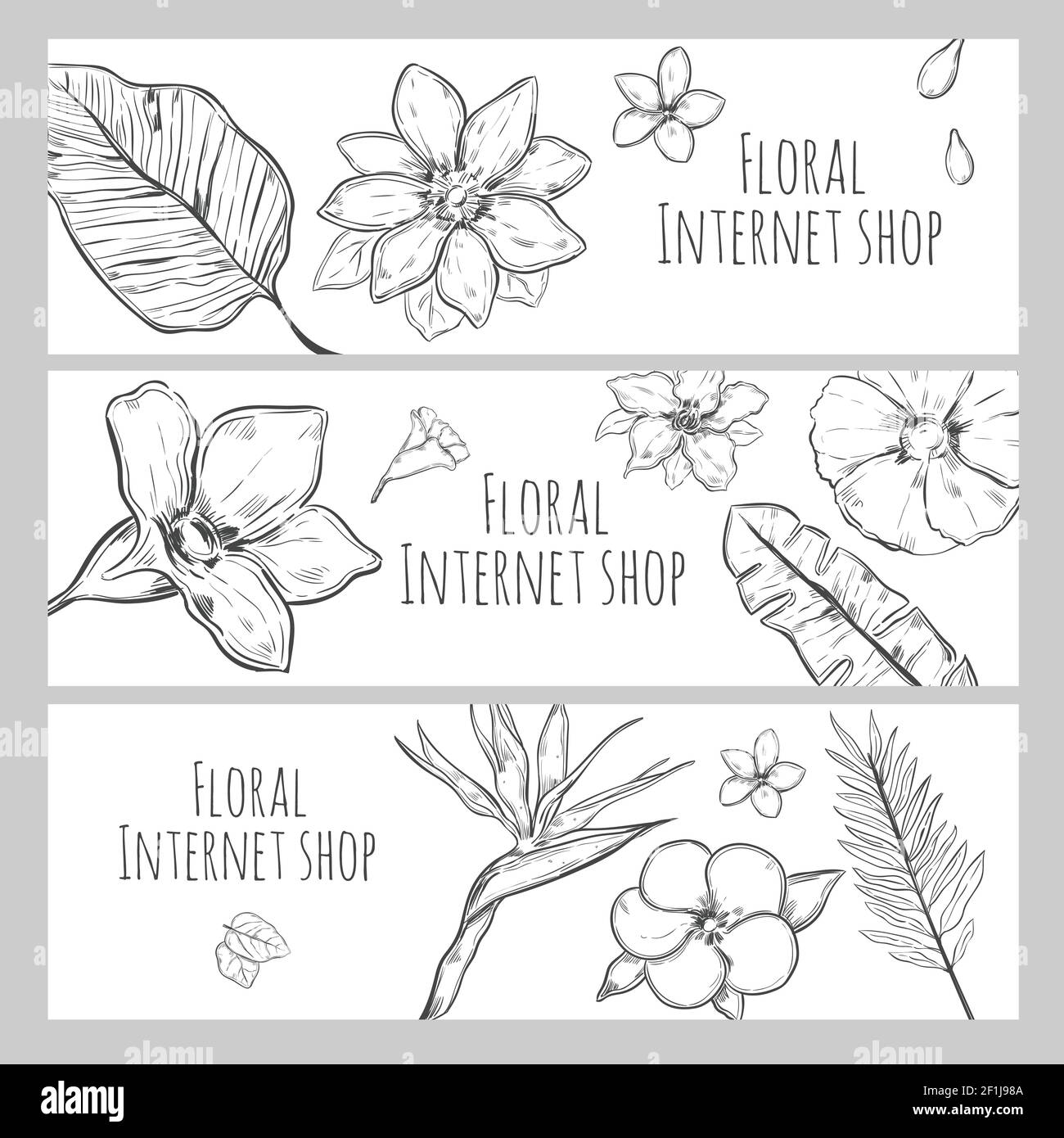 Sketch floral internet shop horizontal banners with exotic beautiful ...