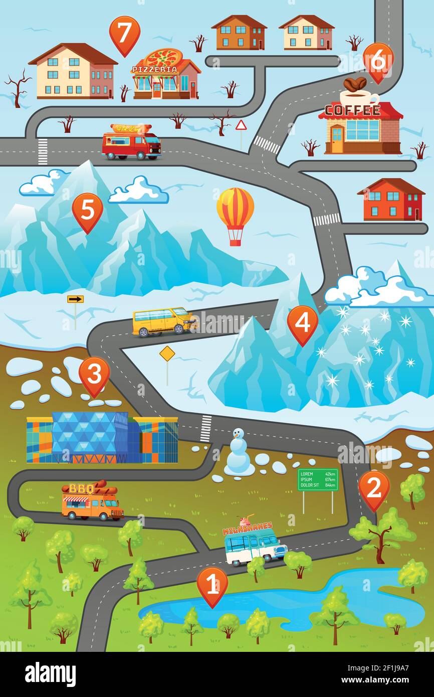 Inforgaphic poster with decorative map of mountainous town area with ...