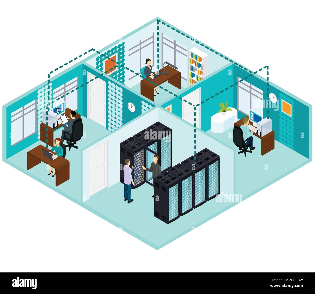 Isometric datacenter concept with people working in office server ...