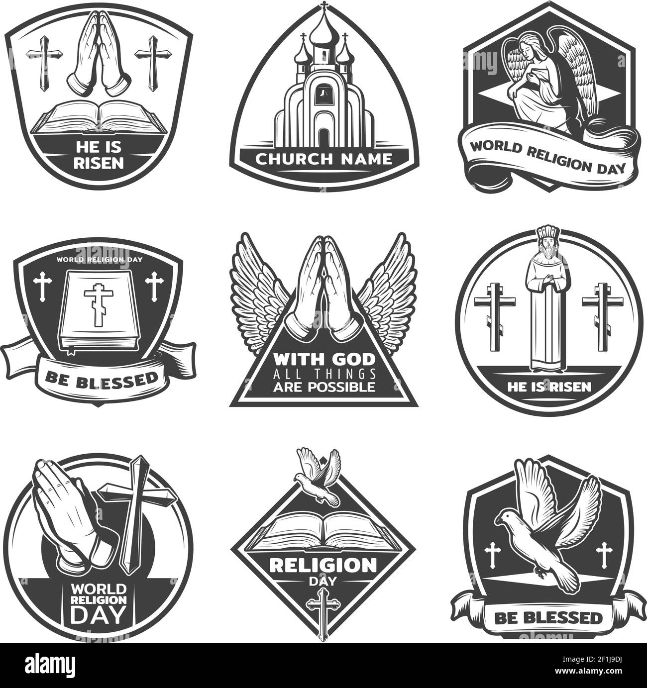 Vintage monochrome religious labels set with letterings and traditional ...