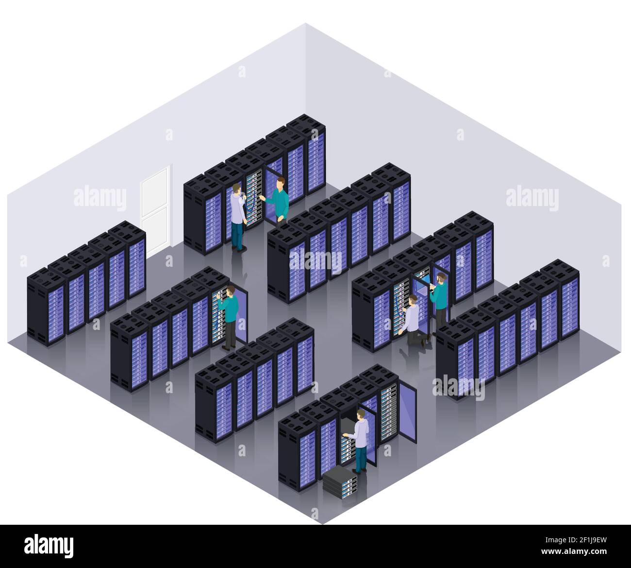Isometric datacenter hosting servers room concept with professional engineers and technicians ...