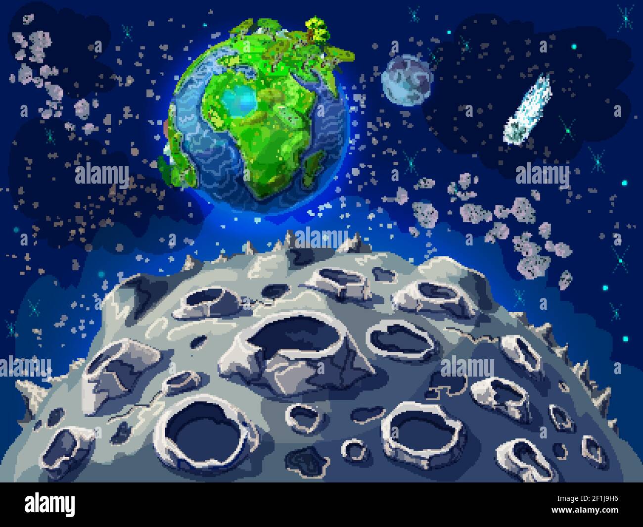 Cartoon colorful space landscape template with moon surface Earth globe ...