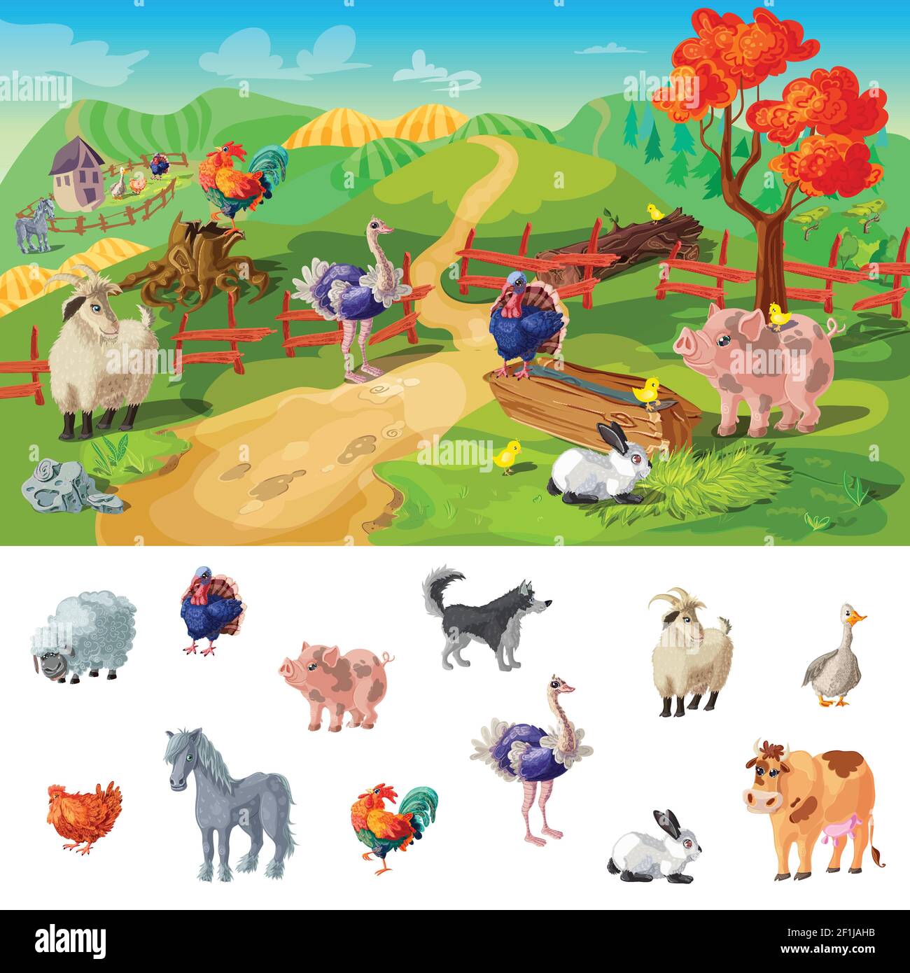 Composition of countryside scenery with cartoon style farm animals and ...