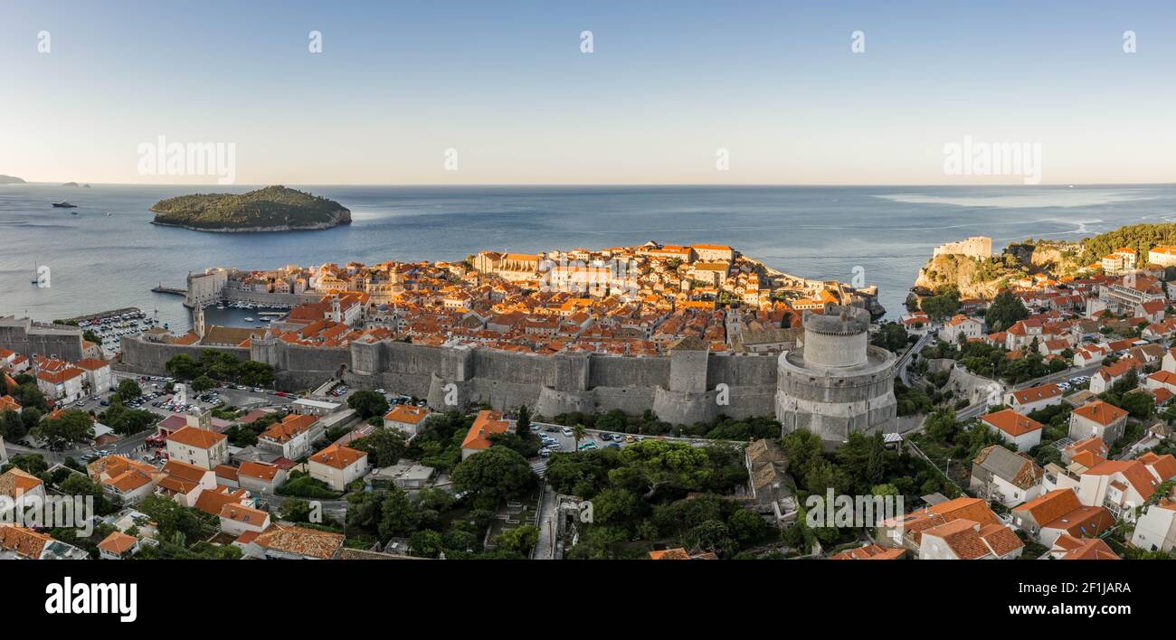 Aerial panorama drone shot of Dubrovnik old town with city wall in ...