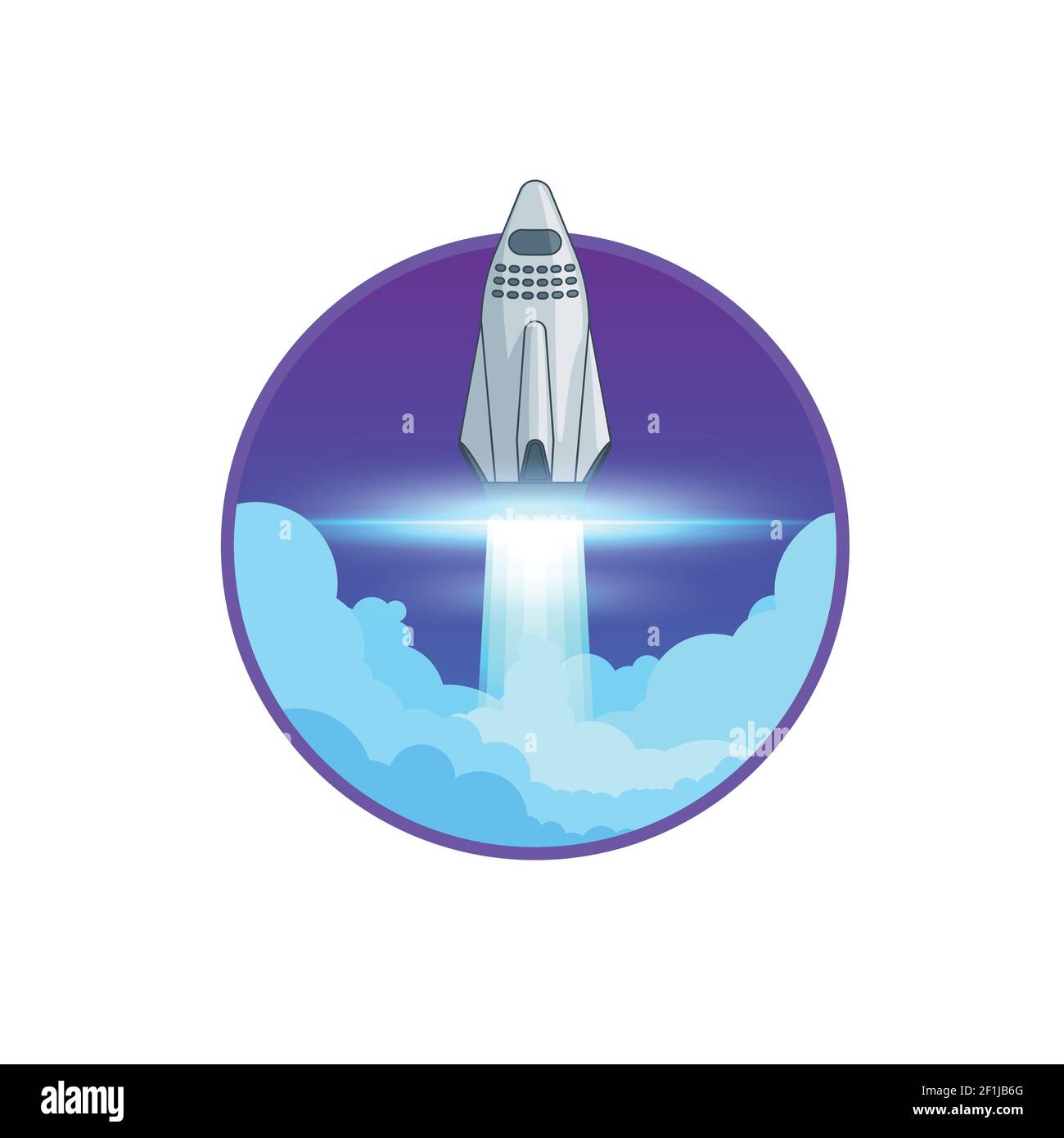 Colorful rocket launch round sign template with blue clouds and flame ...