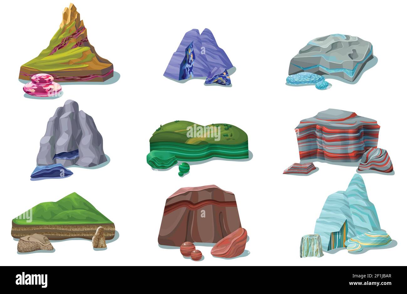 Cartoon colorful beautiful rocks set with stones and mountains of ...