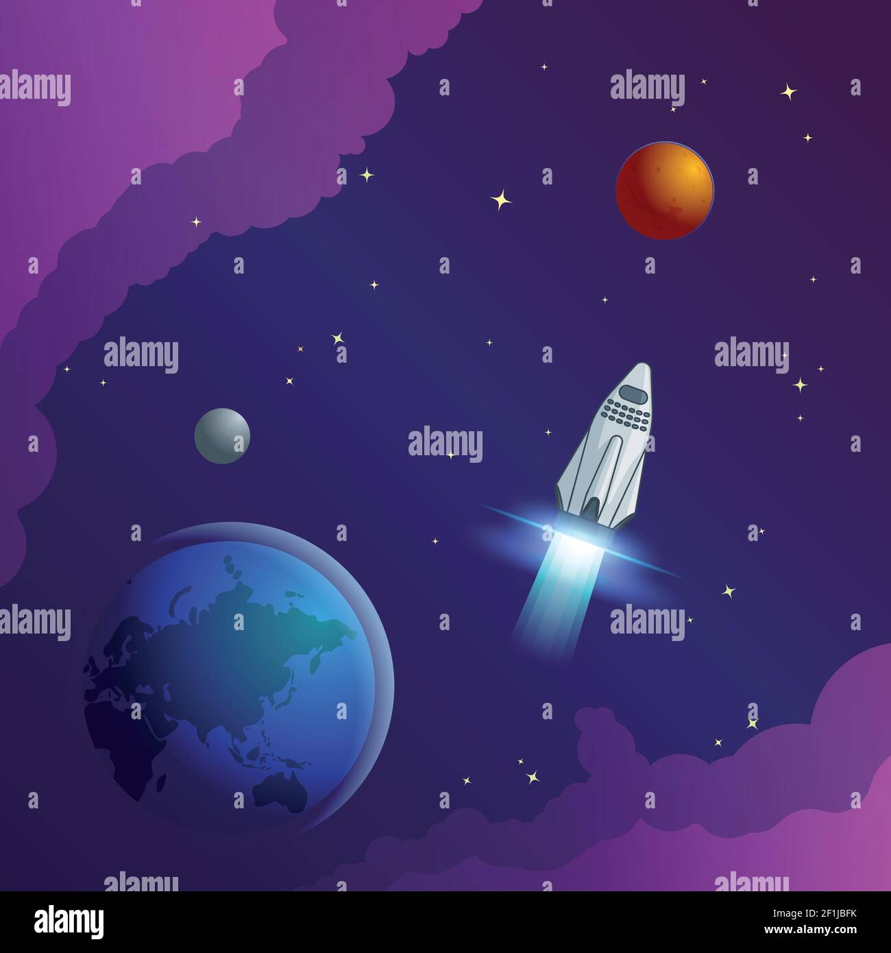 Colorful universe creative concept with rocket flying in outer space ...