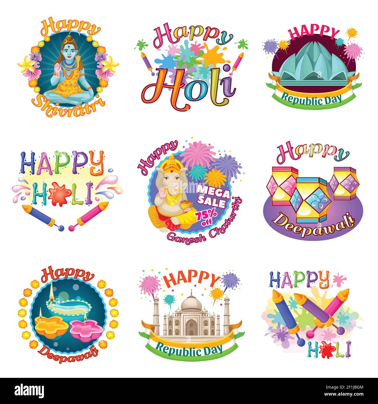 Colorful traditional Indian Holidays labels set with inscriptions Gods ...