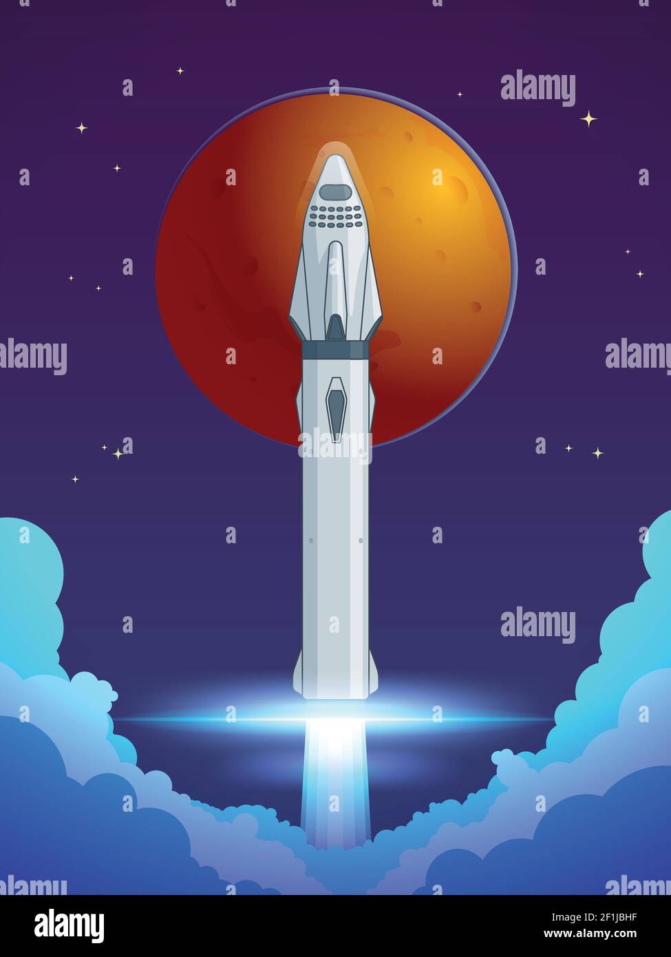 Colorful cartoon rocket launch concept with flame and clouds on Mars ...