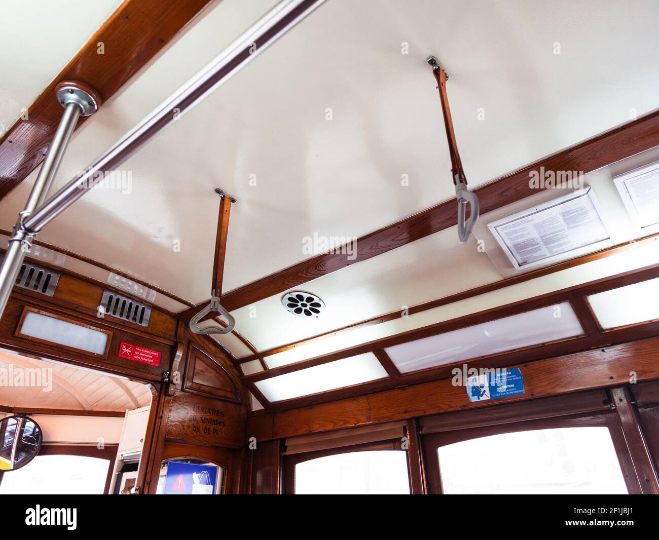 Inside view of the famous empty tram 28, roof detail, tourist ...