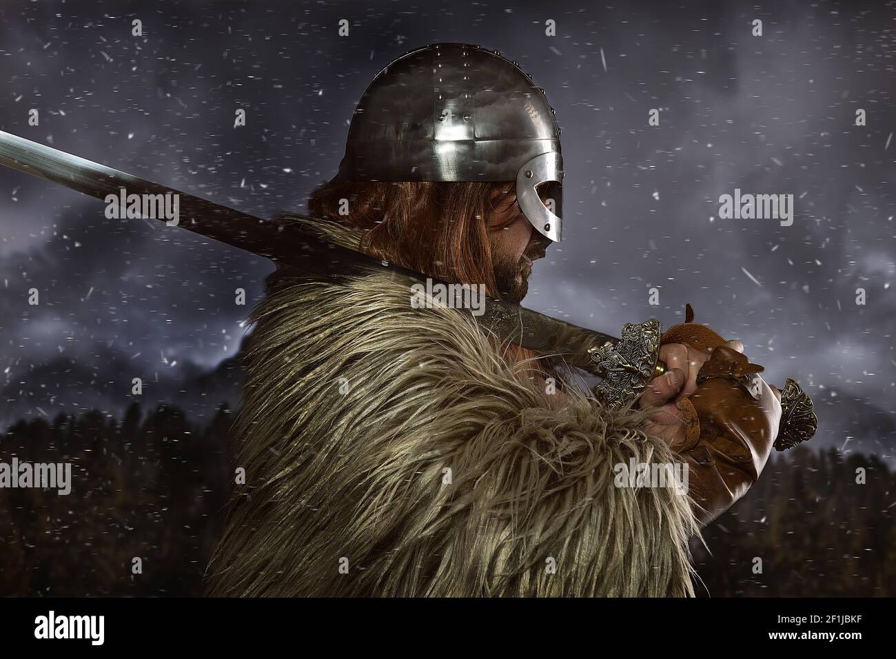 Viking scandinavian warrior with sword and wild skins. leather and bib ...