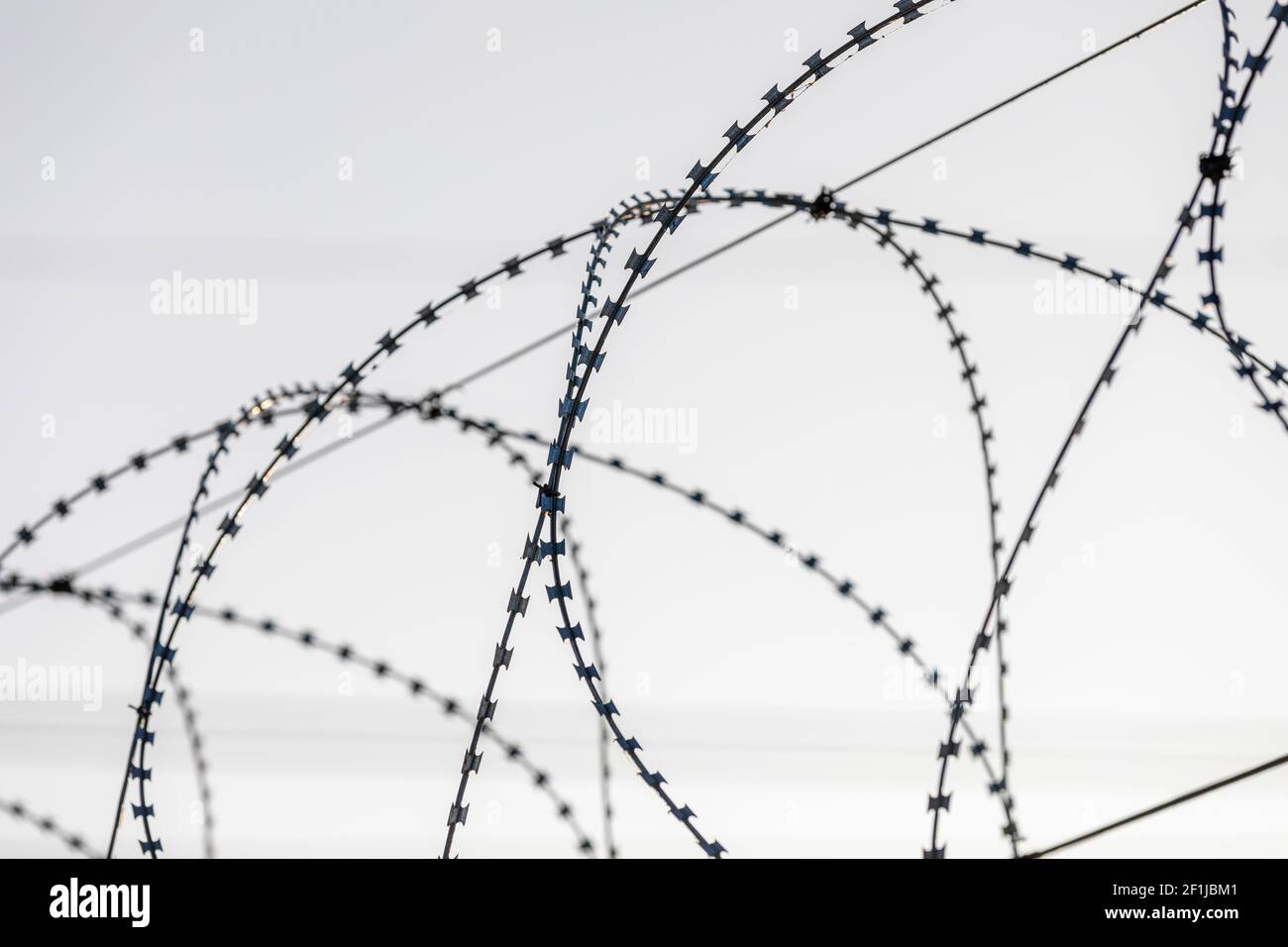 Sharp pointed razor wire barbed fence coiled on top of wall protects ...