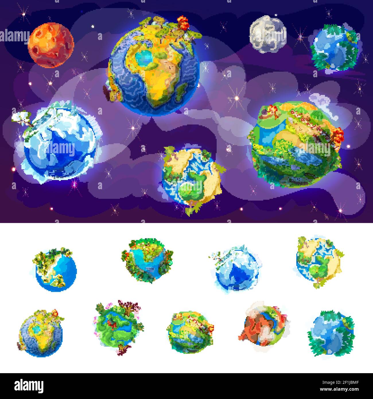 Cartoon Earth globes concept with different nature landscapes Mars and ...
