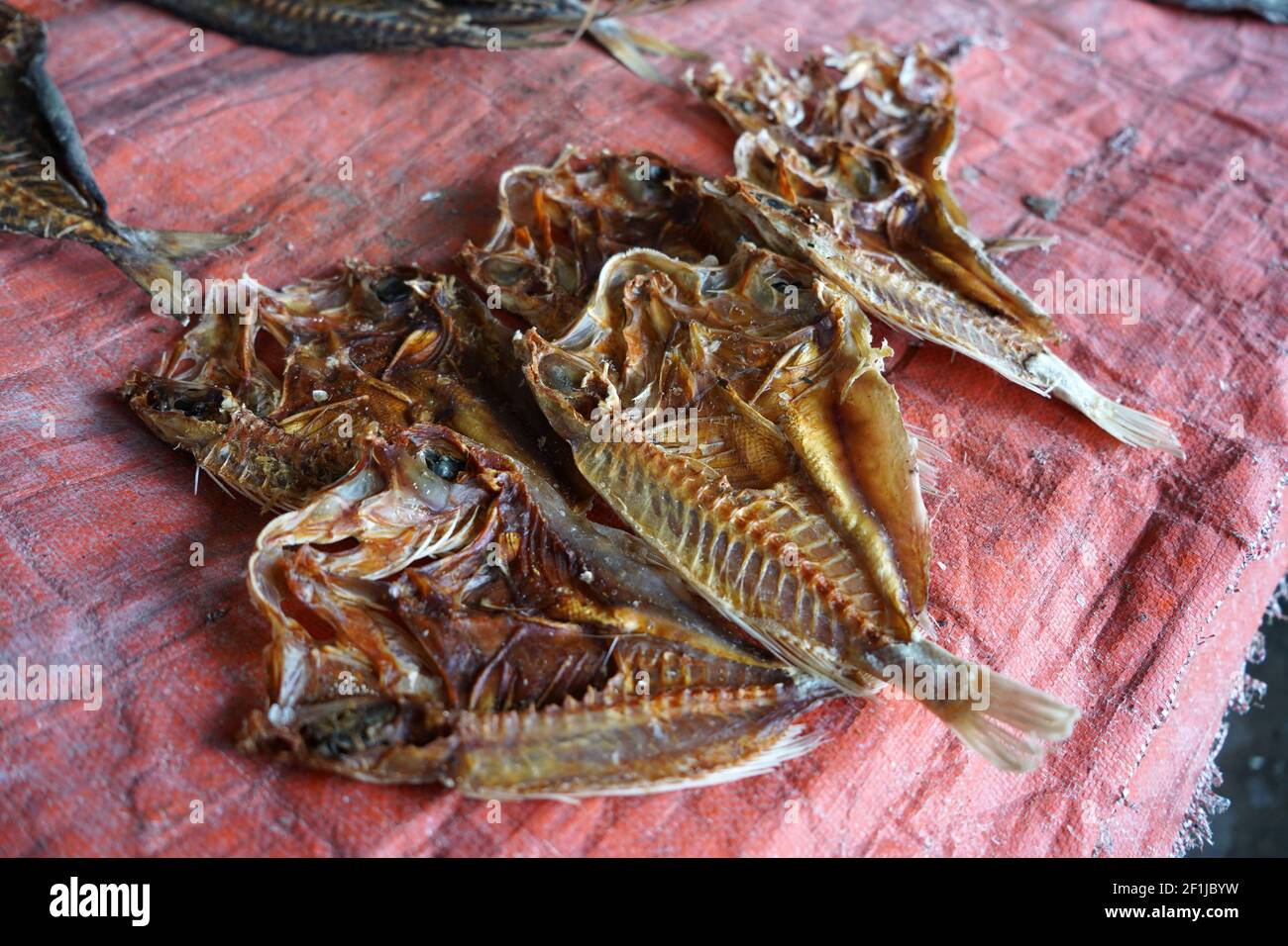 A high angle shot of dried fish displayed on the market stall Stock ...