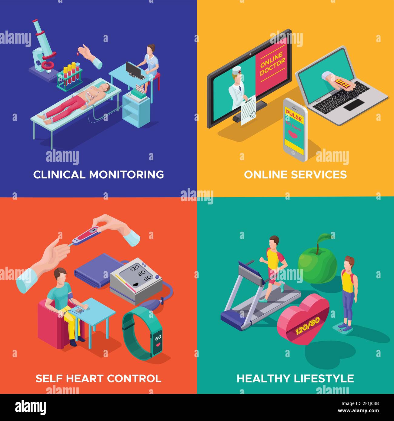 Isometric heart care concept with medical control diagnostic procedures ...