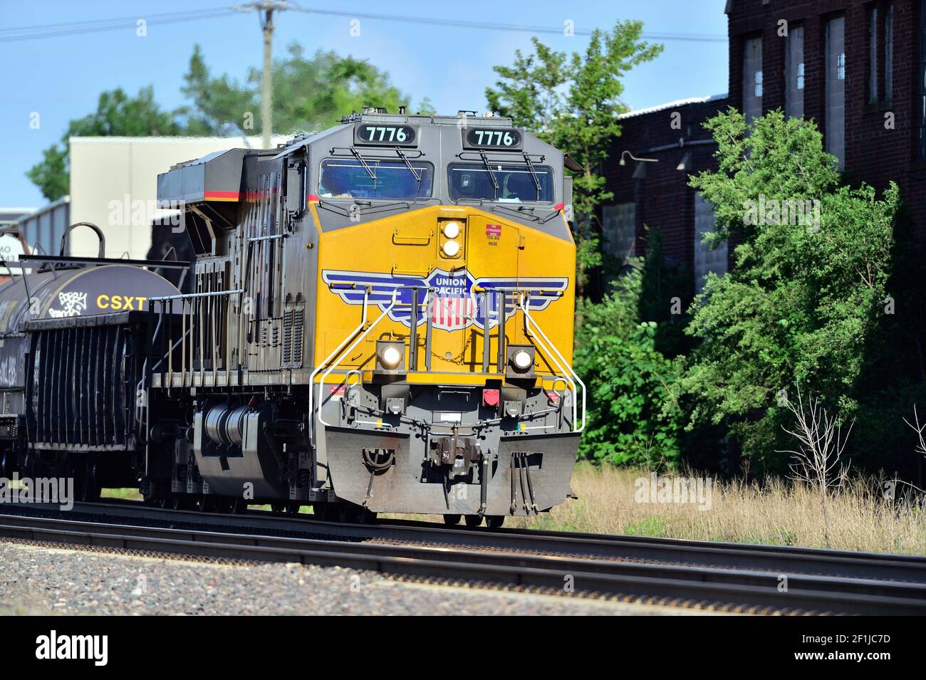 DeKalb, Illinois, USA. A single locomotive unit leads a westbound Union ...