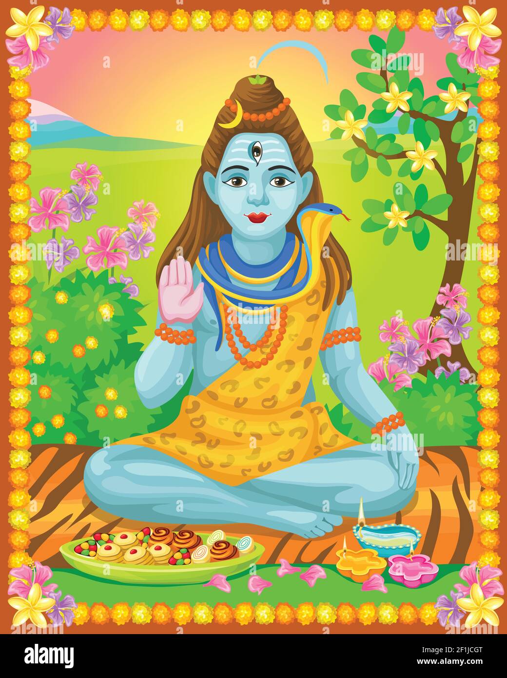 Colorful bright indian template with sitting Shiva God sweet products ...