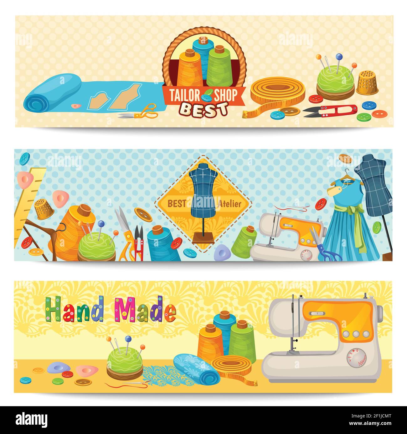 Tailor elements horizontal banners with cloth sewing machine scissors ...