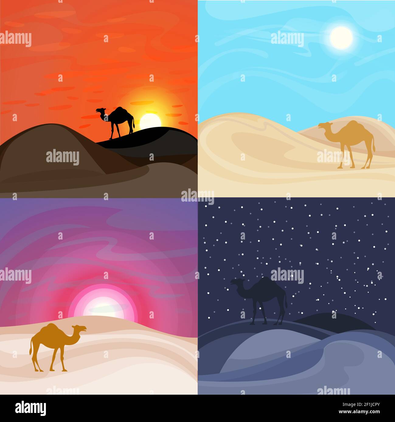 Colorful sand desert landscape templates with camel silhouettes at ...