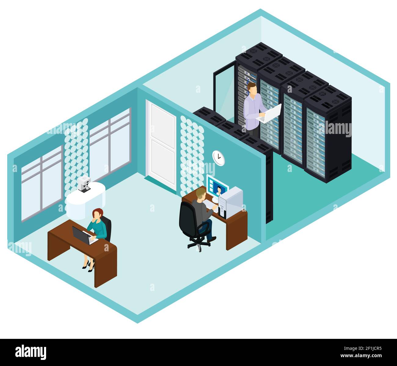 Isometric data center template with people working in office and ...