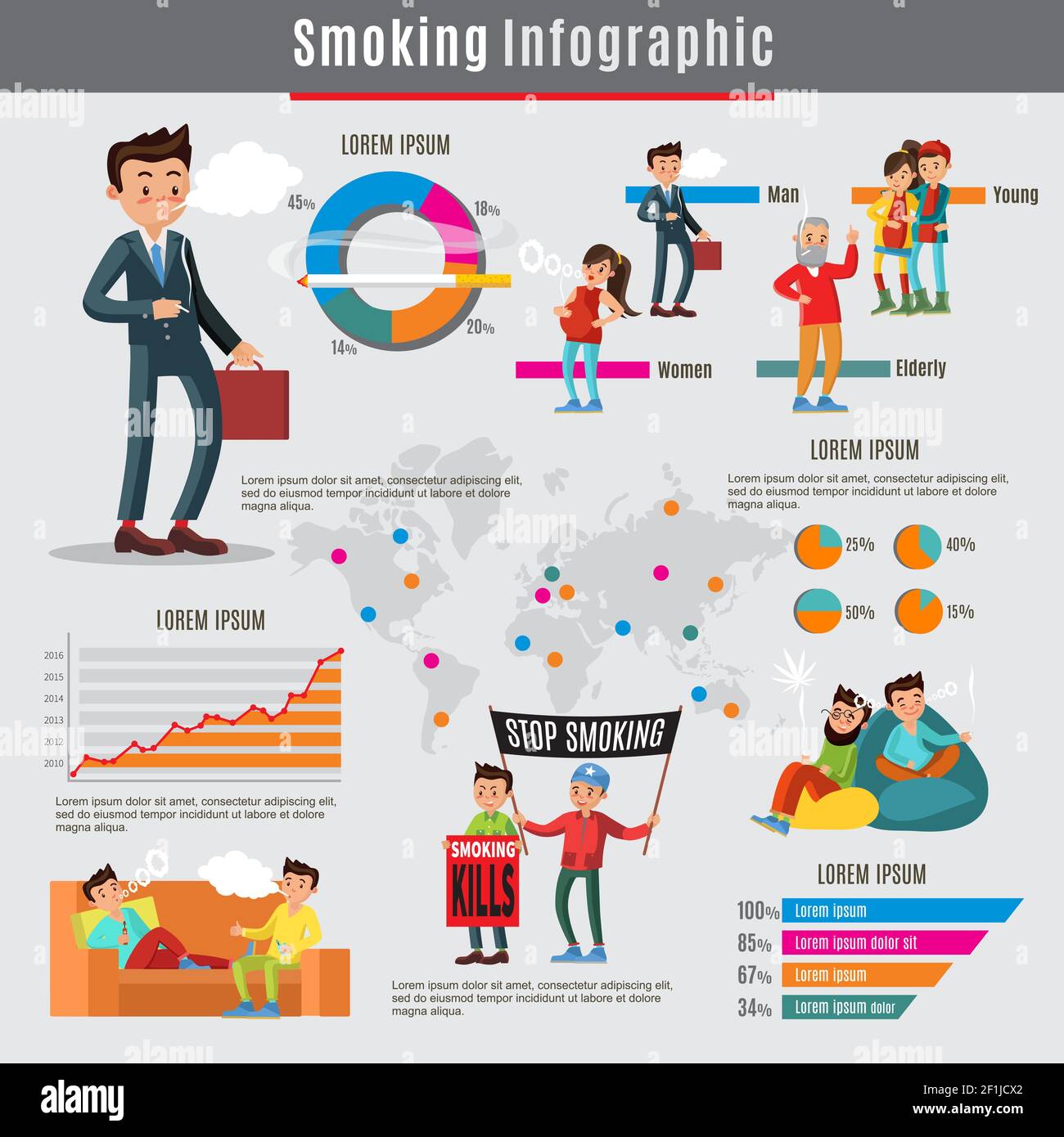 Colorful smoking infographic concept with smokers of different ages and ...
