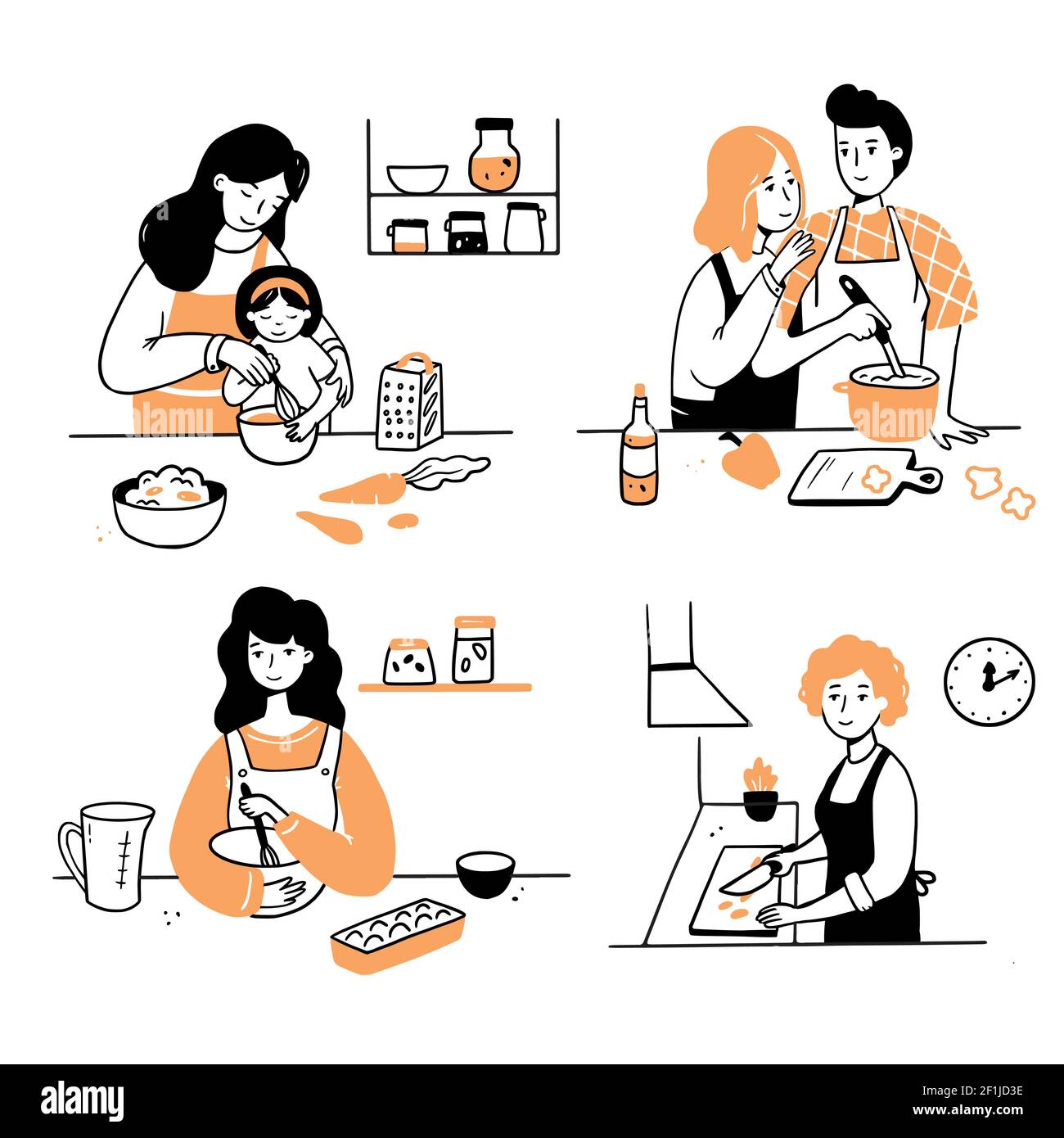 Hand drawn set of cooking people character. Smiling young woman, mom ...