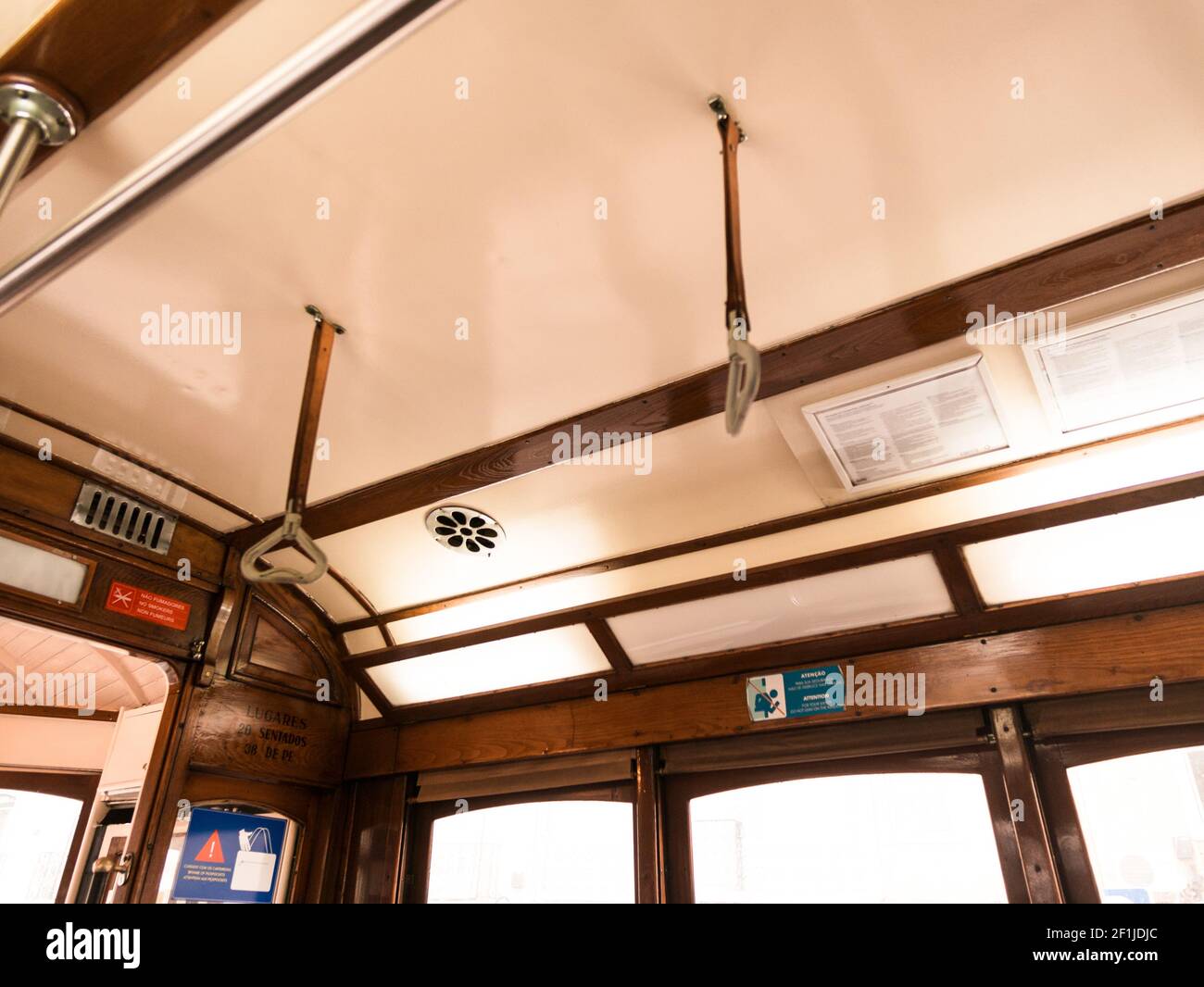 Inside view of the famous empty tram 28, roof detail, tourist ...