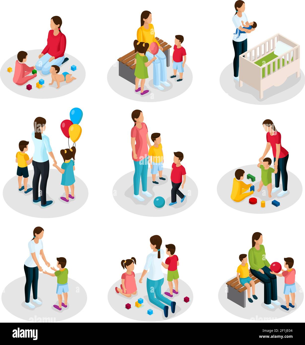Isometric nanny work set with woman taking care of children and playing ...