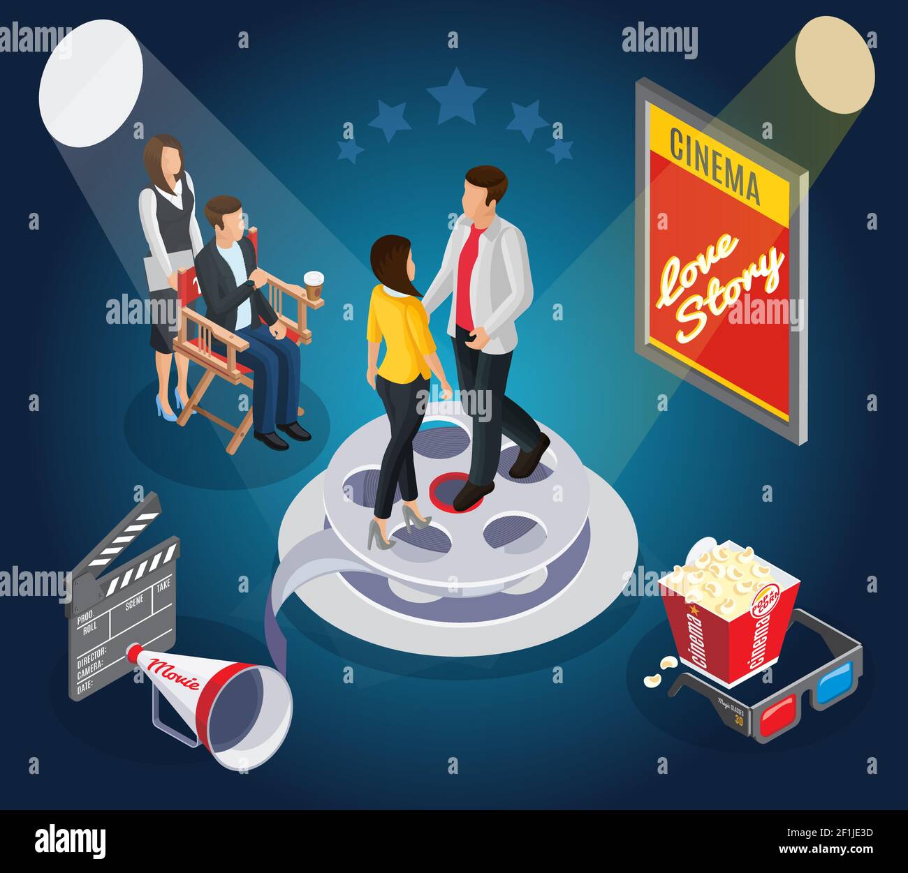 Isometric cinematography composition with couple on film reel director ...