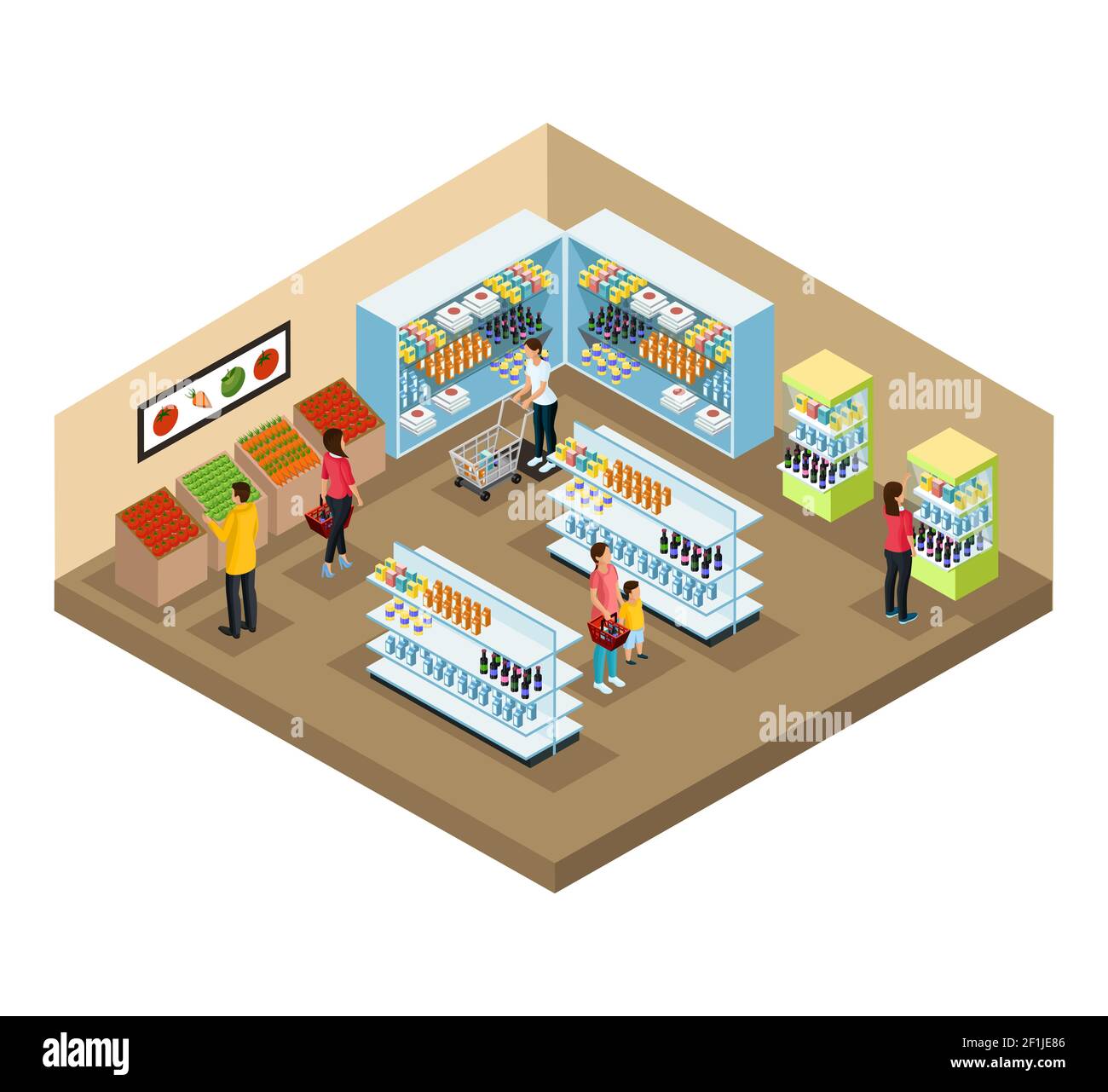 Isometric supermarket interior concept with people choosing different ...