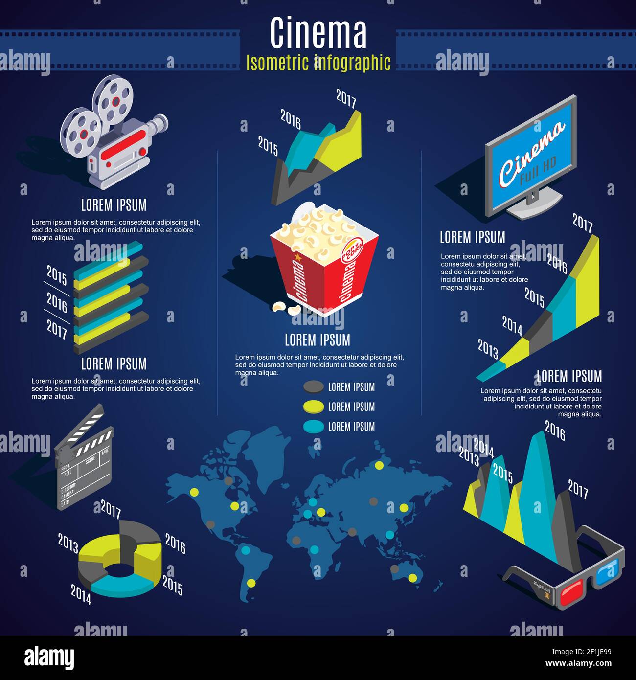 Isometric cinema infographic template with camera popcorn monitor ...
