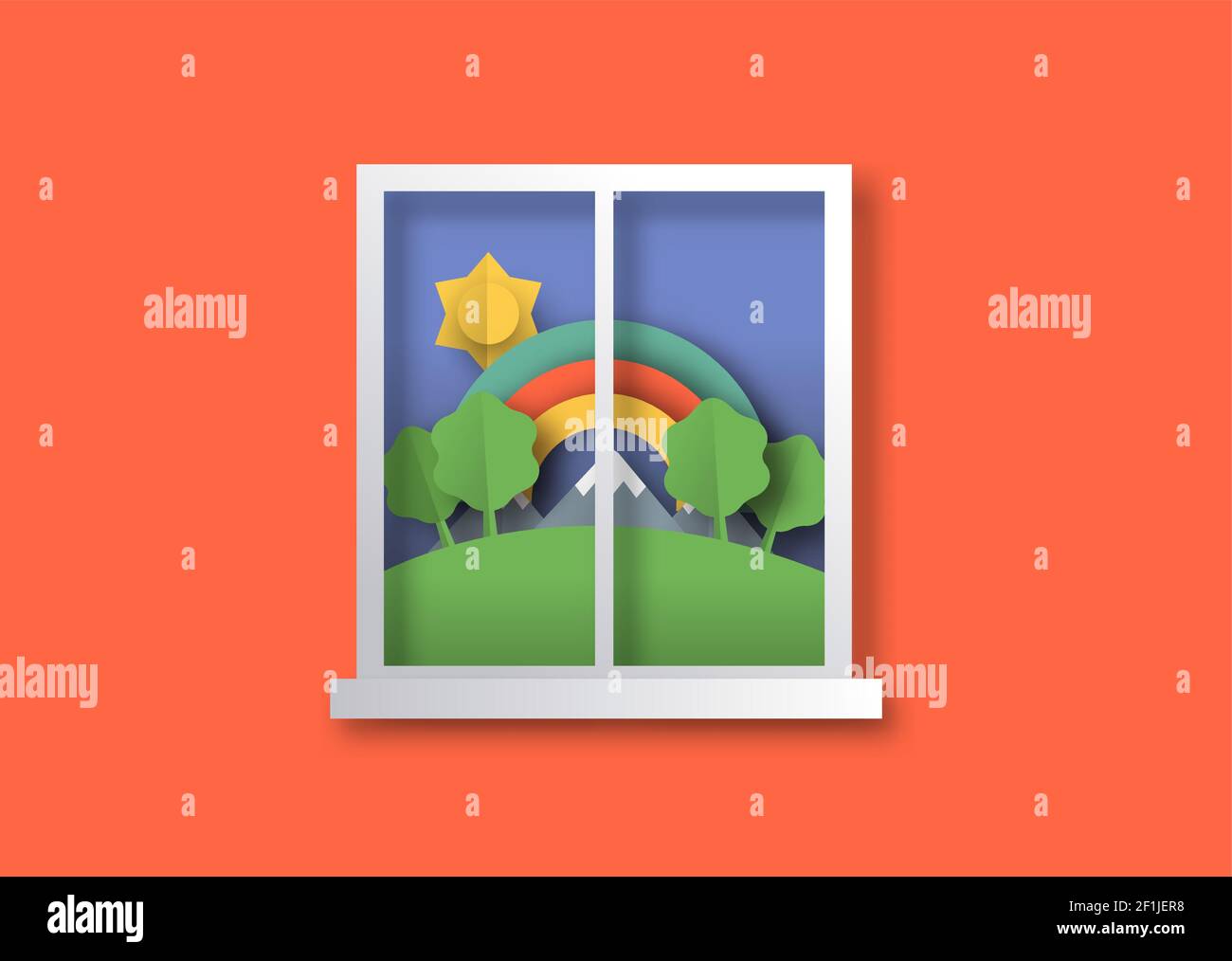 Nature landscape window view in 3d paper cut craft style. Outdoor ...