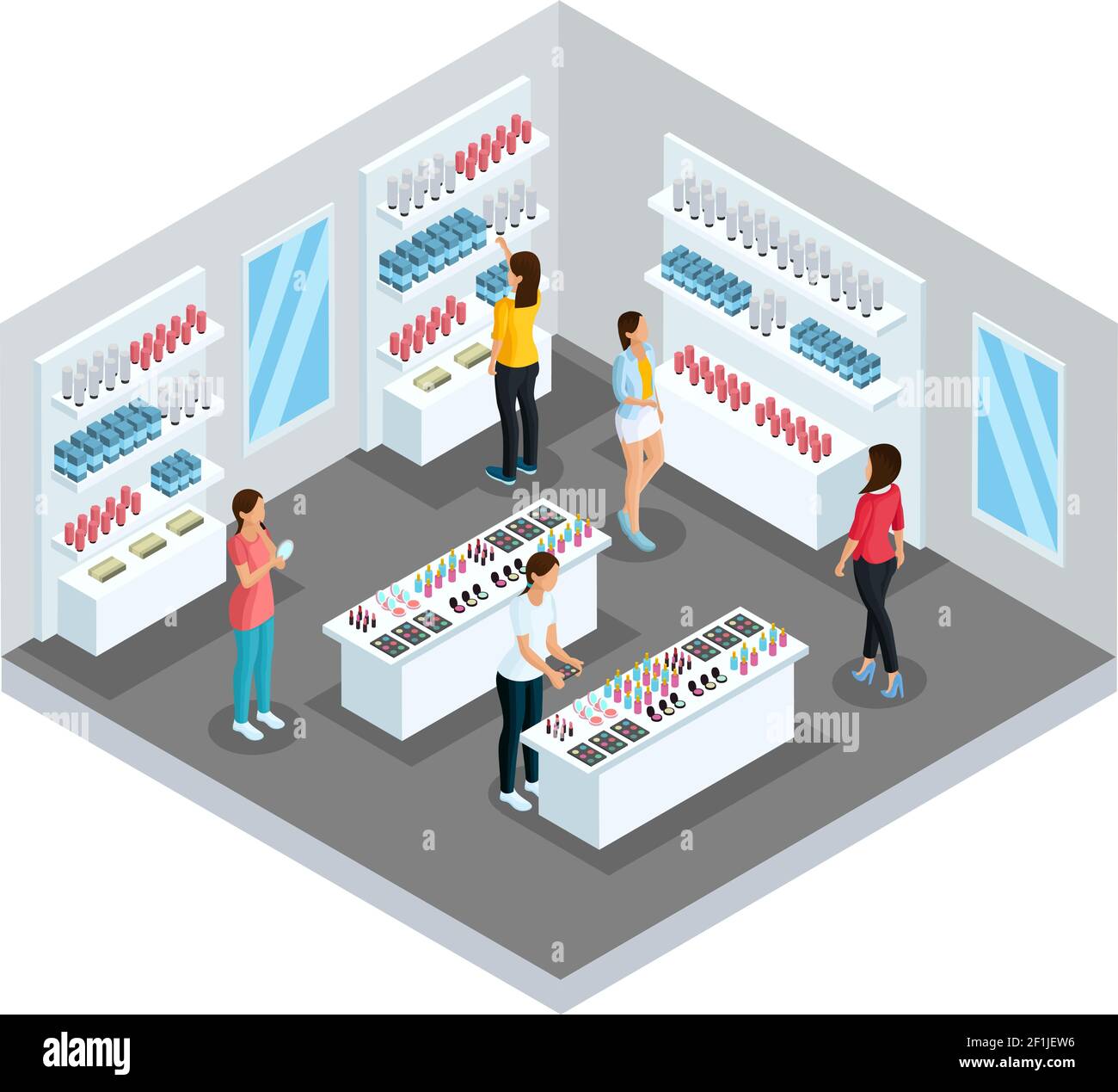 Isometric cosmetic store template with female customers and makeup ...