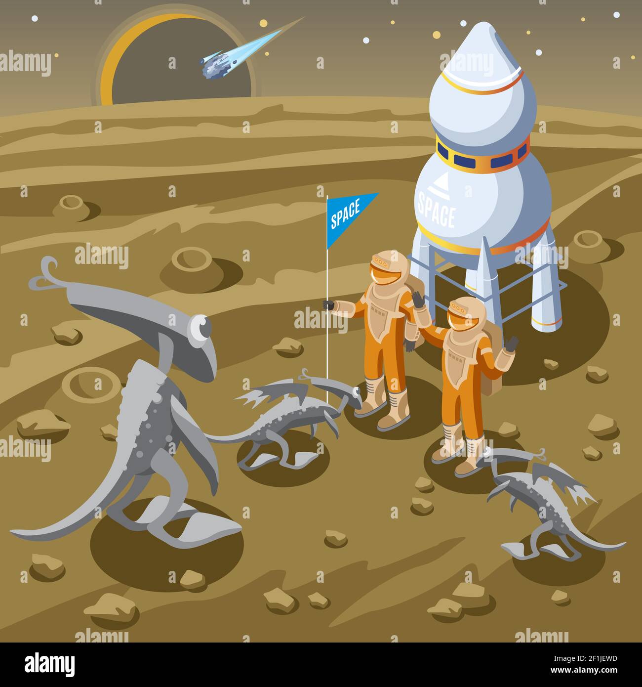 Isometric space discovery template with meeting of astronauts and ...