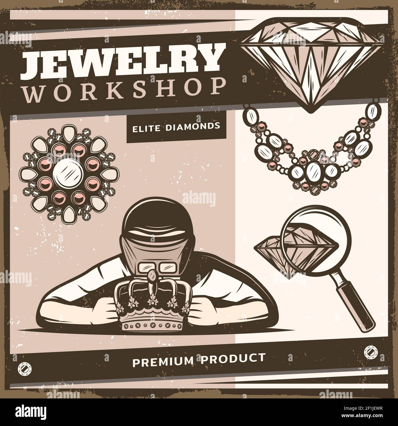 Vintage jewelry shop template with jeweler repairing royal crown brooch ...