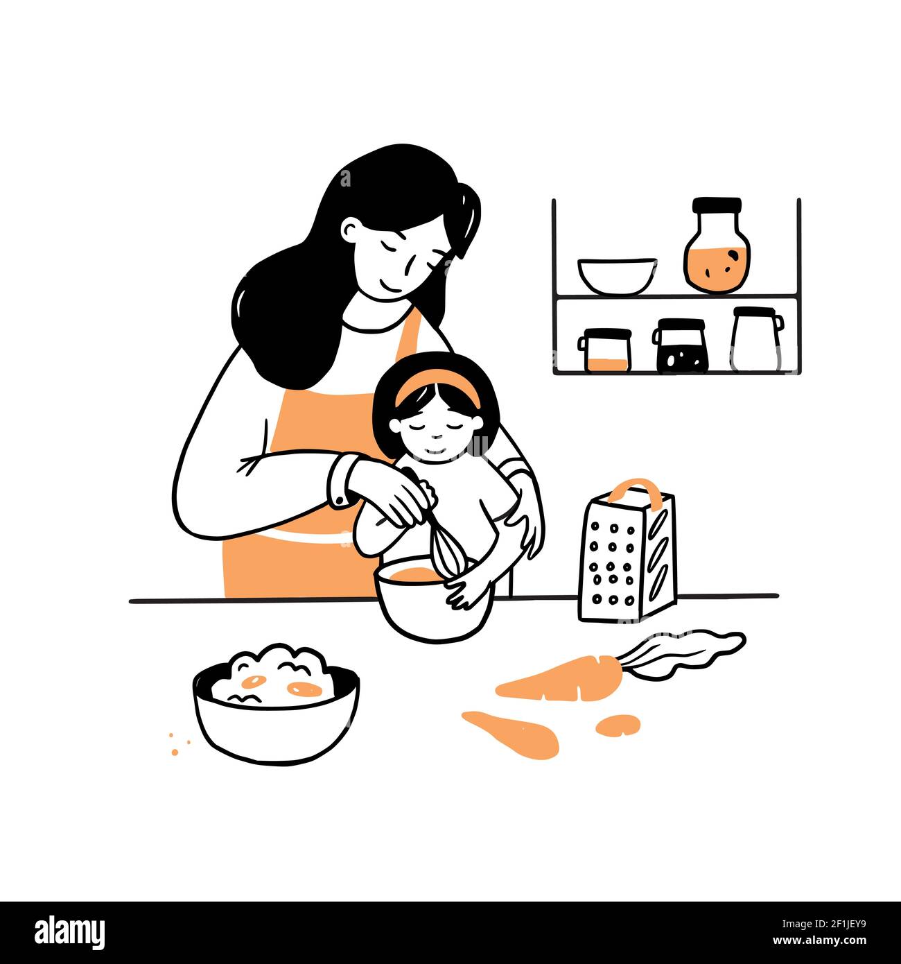 Hand drawn young woman and child cooking together. Cartoon character ...