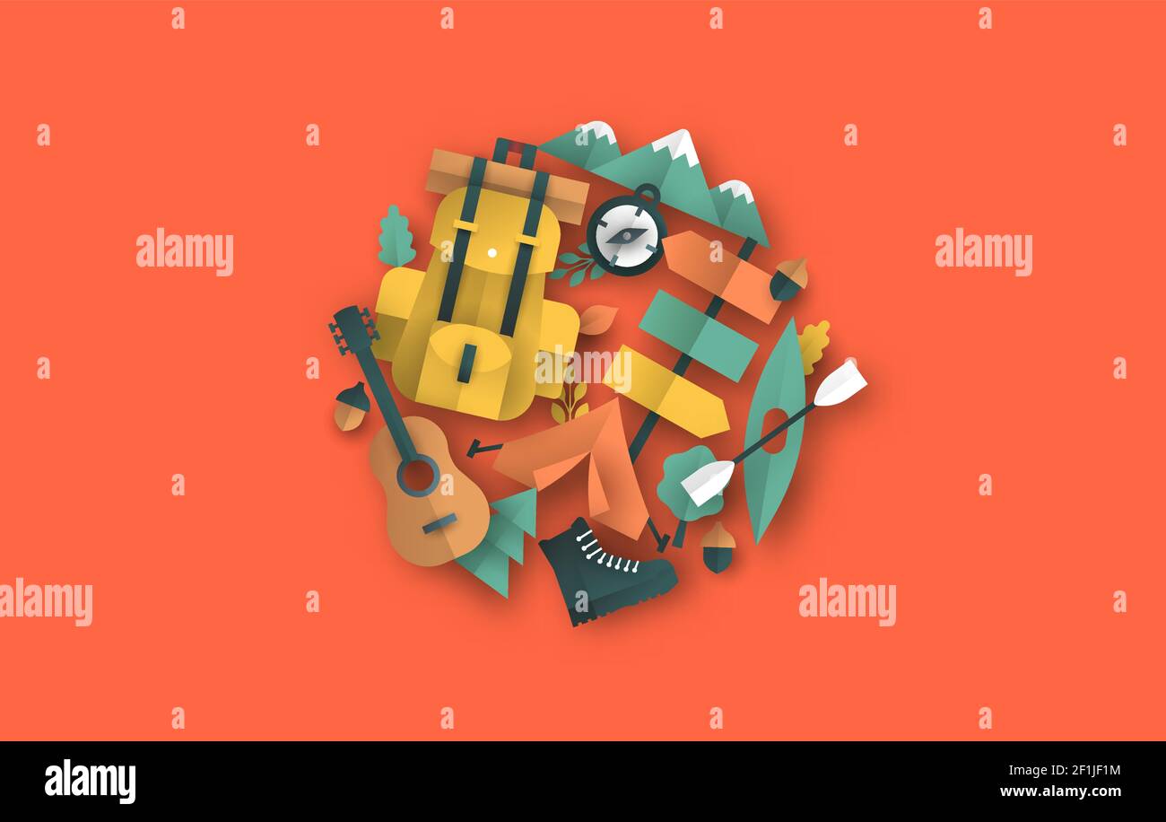 Eco tourism, outdoor travel icons set in 3D papercut craft style ...