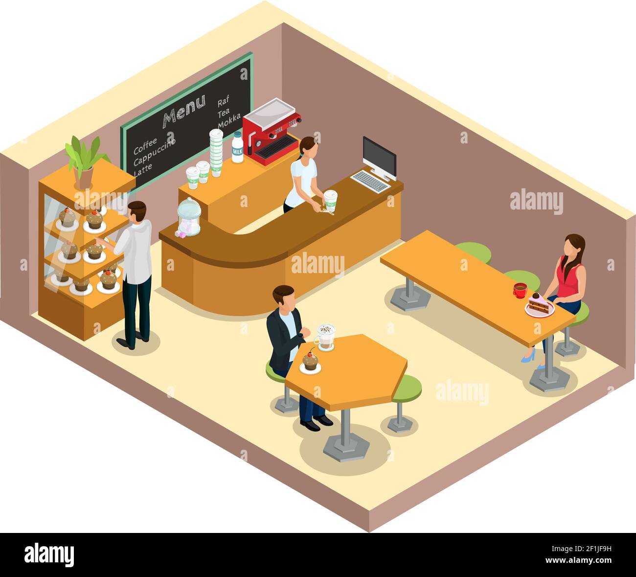 Isometric coffee shop interior concept with barrister at counter ...