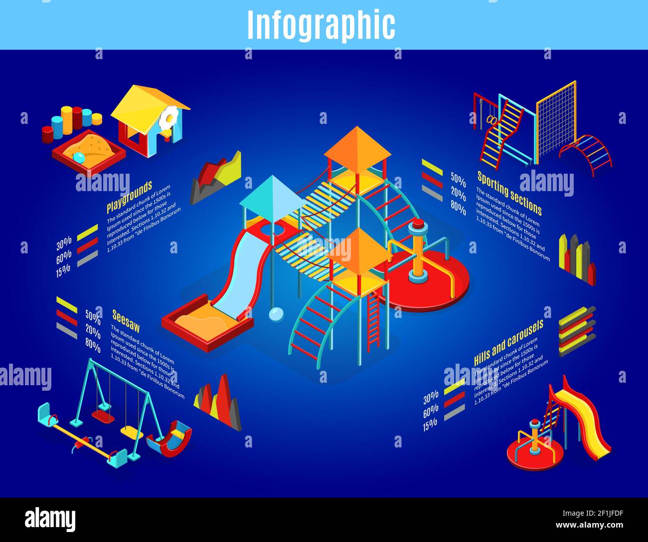 Isometric kids playground infographic template with carousels swings slides sandbox sport ...