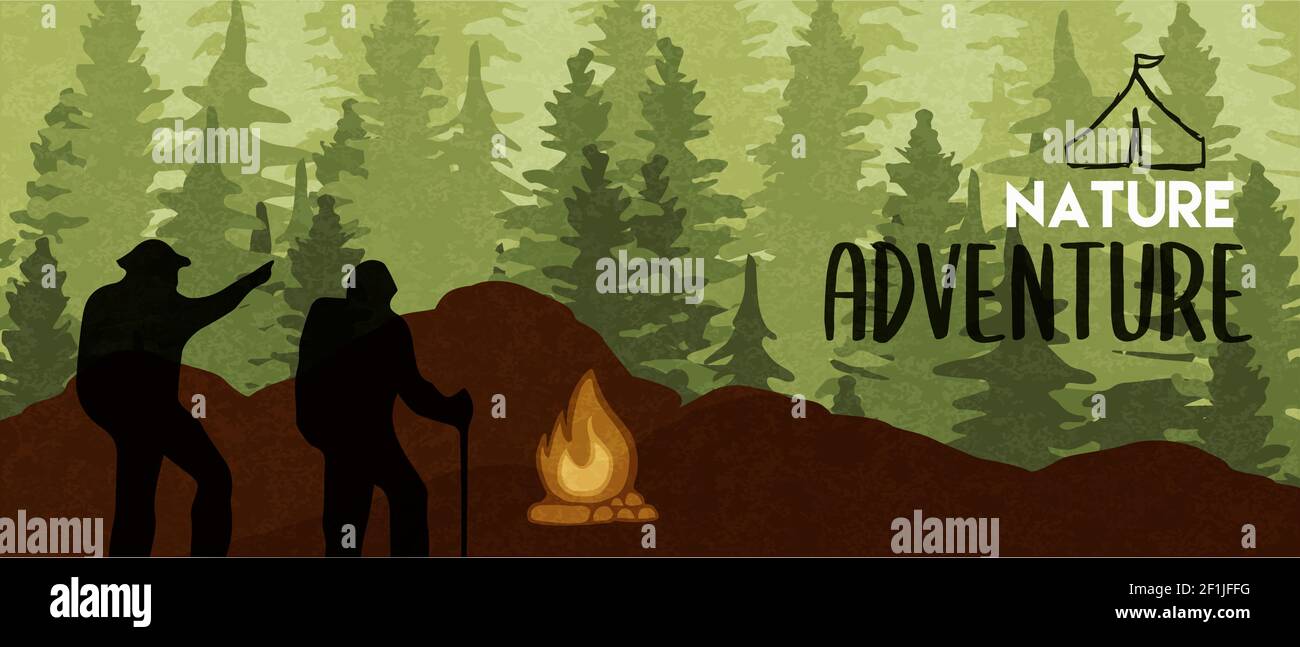 Nature adventure banner illustration of people and camping bonfire in ...