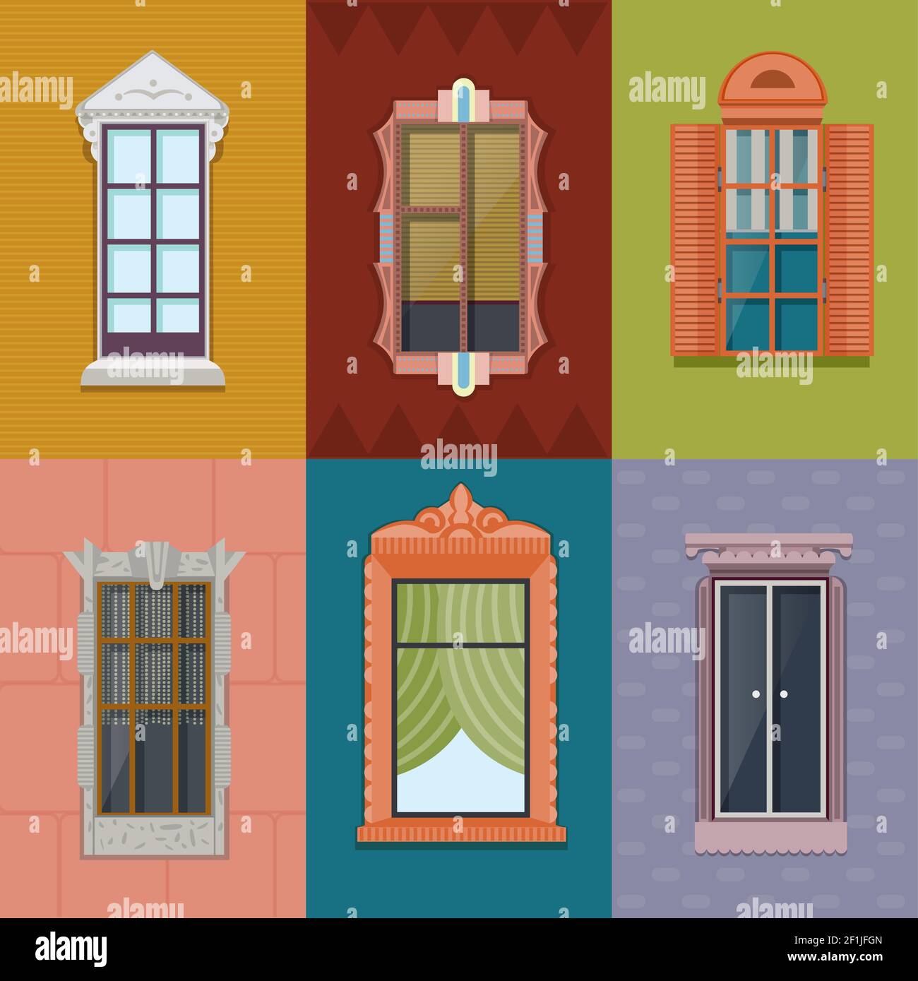 Colorful windows flat collection of different shapes and construction ...