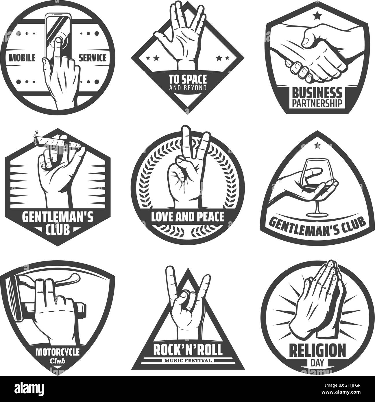 Vintage hands labels set with mobile touch handshake greeting salute ...