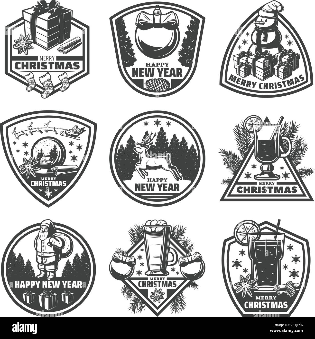 Vintage monochrome New Year labels set with gifts snowman Christmas ...