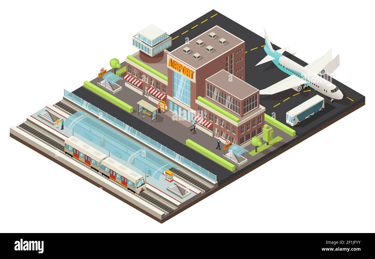 Isometric airport and metro station concept with buildings plane bus ...